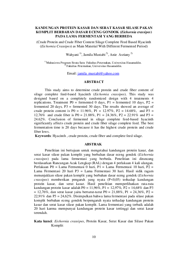 (PDF) KANDUNGAN PROTEIN KASAR DAN SERAT KASAR SILASE PAKAN KOMPLIT BERBAHAN DASAR ECENG GONDOK ...