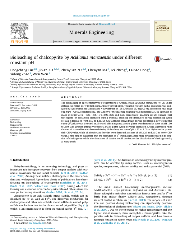 (PDF) Bioleaching of chalcopyrite by Acidianus manzaensis under ...