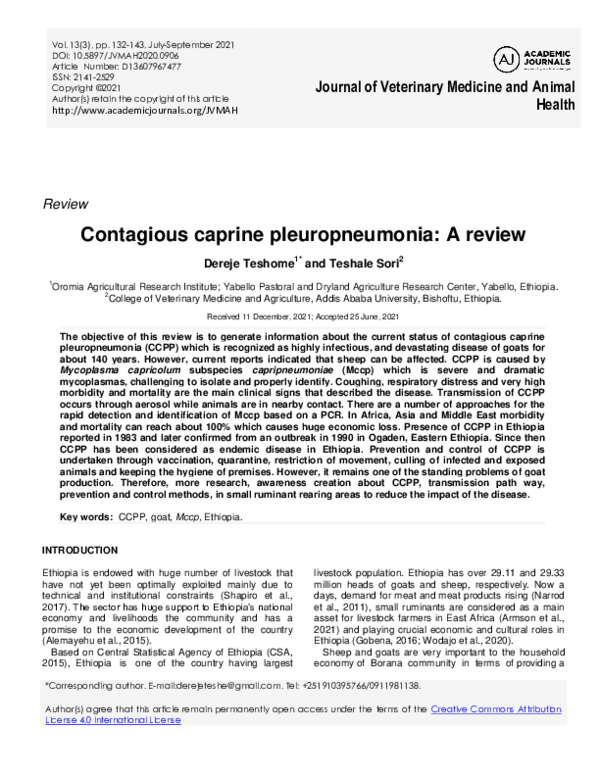 (PDF) Contagious caprine pleuropneumonia: A review | dereje teshome ...