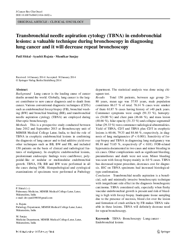 (PDF) Transbronchial needle aspiration cytology (TBNA) in endobronchial ...
