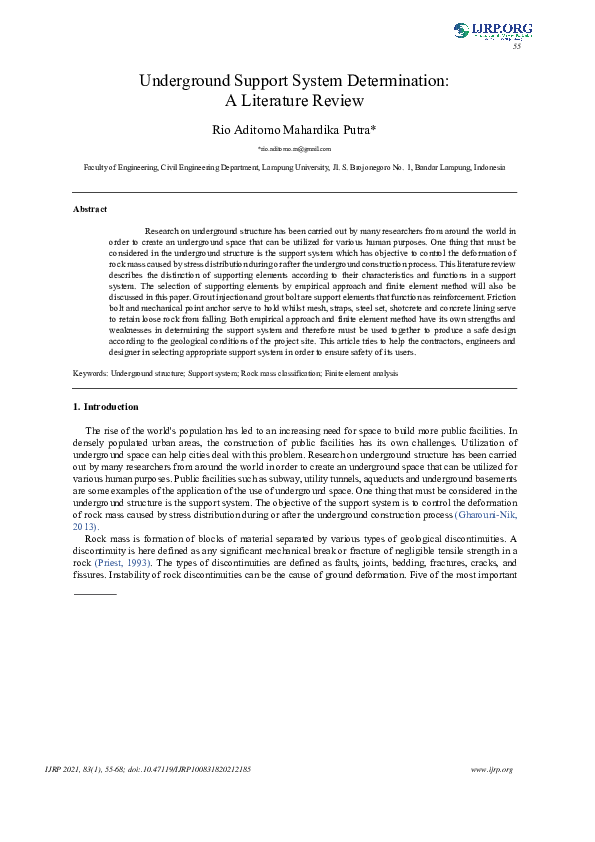 (PDF) Underground Support System Determination: A Literature Review
