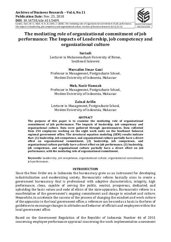 (PDF) Transformational Leadership and Organizational Commitment: The Mediating Role of Job ...