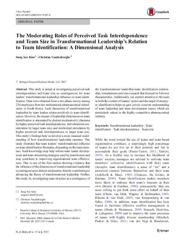 (PDF) The Moderating Roles of Perceived Task Interdependence and Team Size in Transformational ...