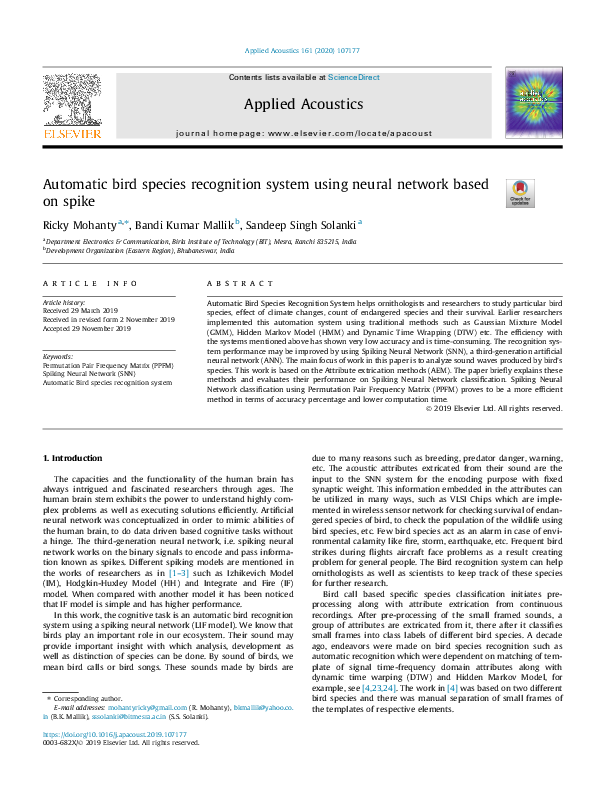 Pdf Automatic Bird Species Recognition System Using Neural Network Based On Spike
