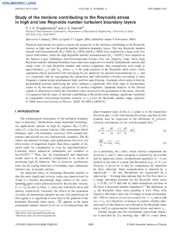 (PDF) Study of the motions contributing to the Reynolds stress in high and low Reynolds number ...