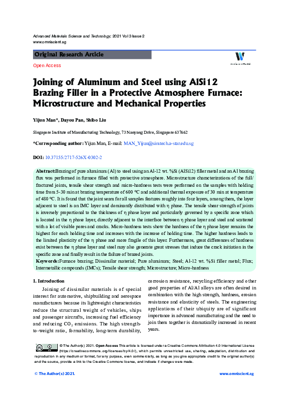 (PDF) Joining of Aluminum and Steel using AlSi12 Brazing Filler in a Protective Atmosphere ...
