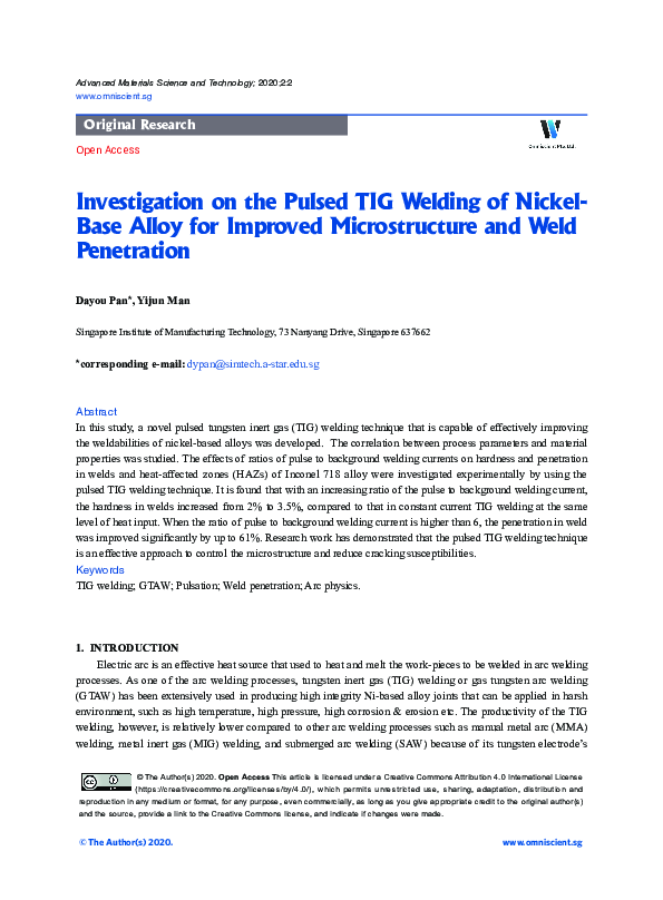 Pdf Investigation On The Pulsed Tig Welding Of Nickel Base Alloy For Improved Microstructure