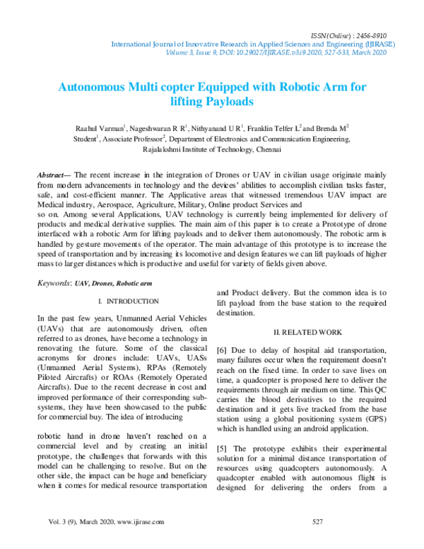 (PDF) Autonomous Multi copter Equipped with Robotic Arm for lifting Payloads