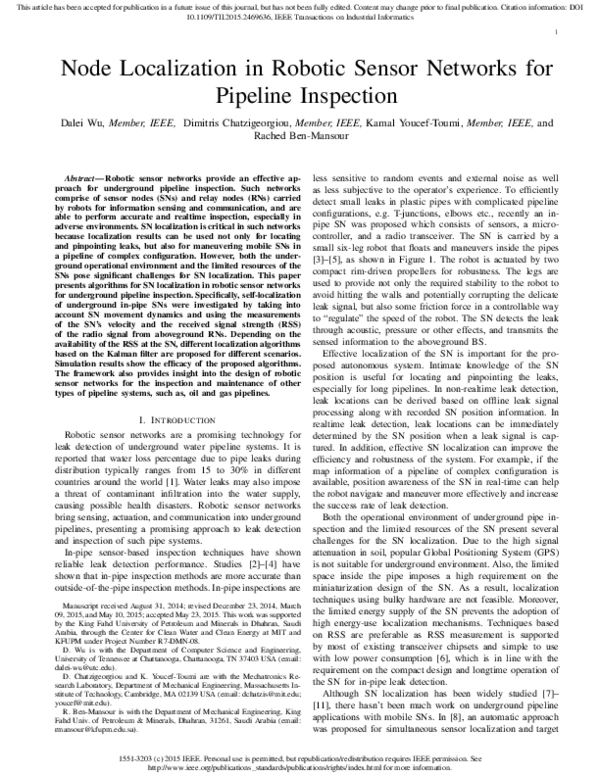 (PDF) Node Localization in Robotic Sensor Networks for Pipeline Inspection | Kamal Youcef-toumi ...