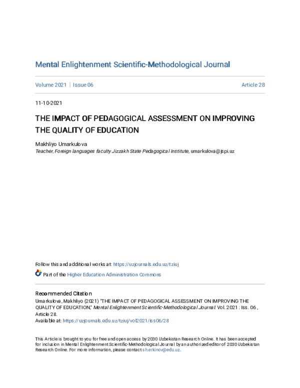 (PDF) The Impact of Pedagogical Assessment on Improving the Quality of Education | Makhliyo ...