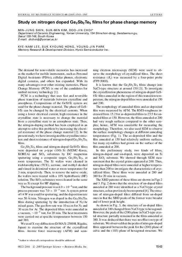 (PDF) Study on nitrogen doped Ge2Sb2Te5 films for phase change memory