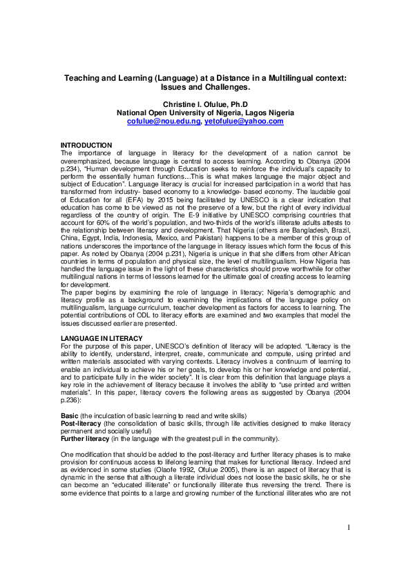 (PDF) Teaching and Learning (Language) at a Distance in a Multilingual context: Issues and ...