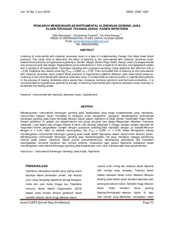 (PDF) Pengaruh Mendengarkan Instrumental Klenengan Gending Jawa Klasikterhadap Tekanan Darah ...