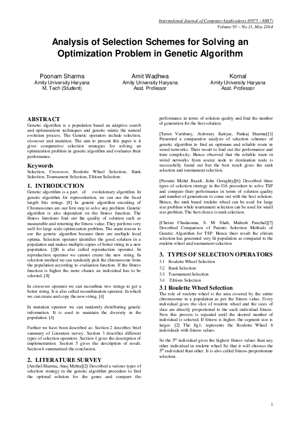 Pdf Analysis Of Selection Schemes For Solving An Optimization Problem In Genetic Algorithm