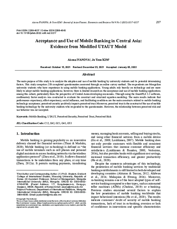 (PDF) Acceptance and Use of Mobile Banking in Central Asia: Evidence ...