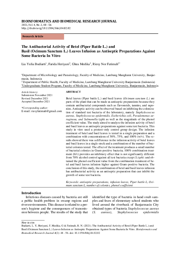 (PDF) THE ANTIBACTERIAL ACTIVITY OF BETEL (Piper battle L.) AND BASIL ...