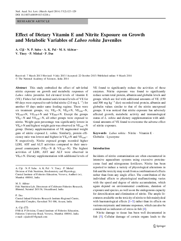 (PDF) Effect of Dietary Vitamin E and Nitrite Exposure on Growth and ...