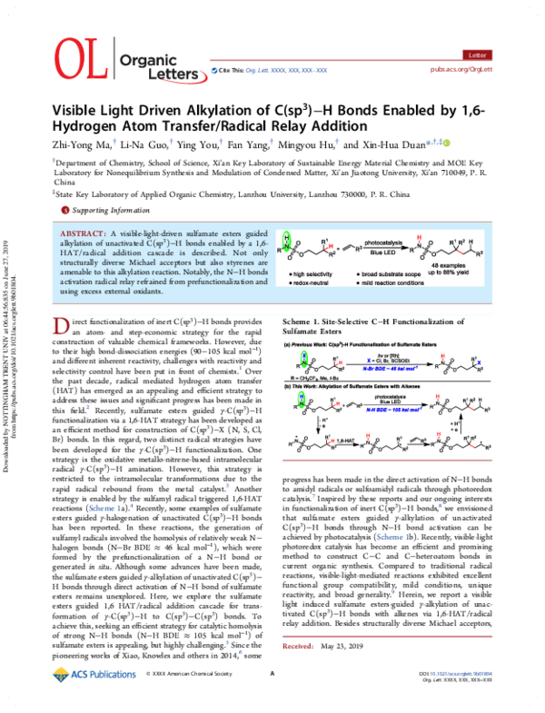 (PDF) Visible Light Driven Alkylation of C(sp3)–H Bonds Enabled by 1,6 ...