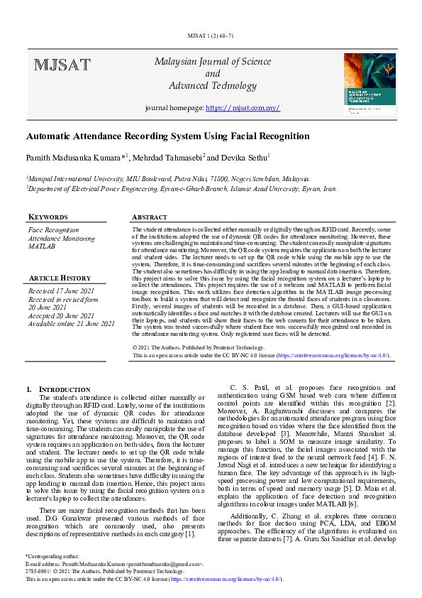 (PDF) Automatic Attendance Recording System Using Facial Recognition