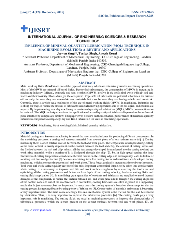(PDF) Influence of Minimal Quantity Lubrication (MQL) Technique in ...