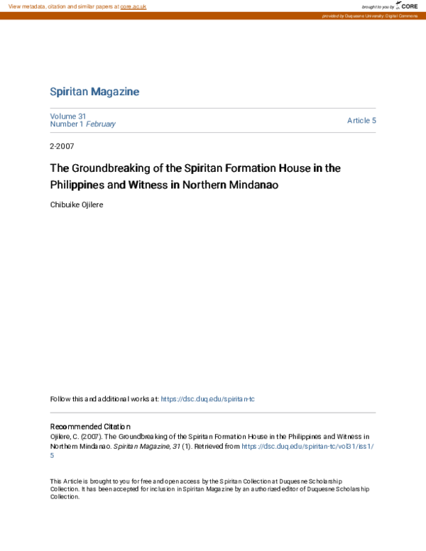 (PDF) The Groundbreaking of the Spiritan Formation House in the ...