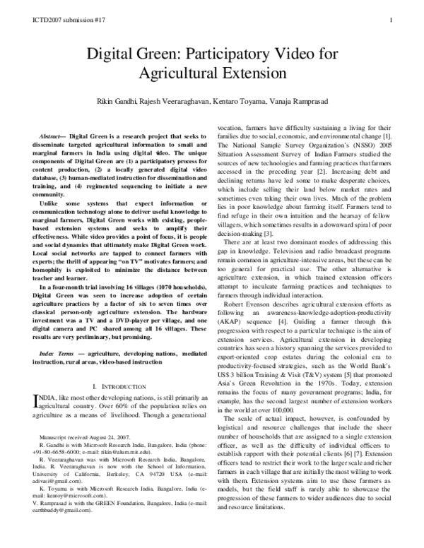 (PDF) Digital Green: Participatory video for agricultural extension