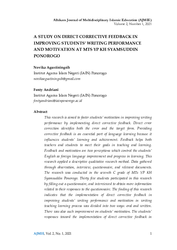 (PDF) A Study on Direct Corrective Feedback in Improving Students' Writing Performance and ...