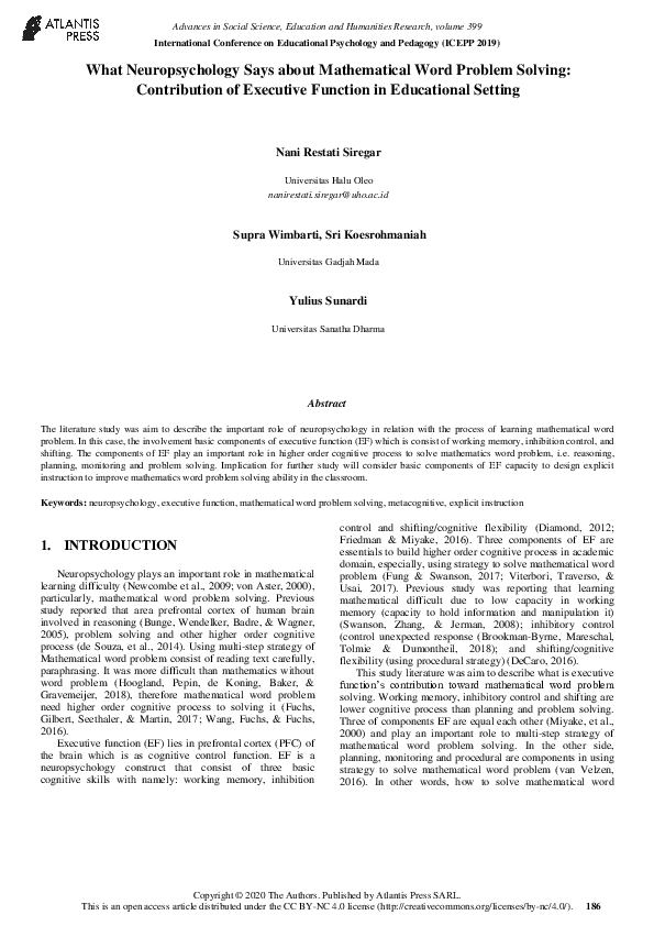 (PDF) What Neuropsychology Says about Mathematical Word Problem Solving: Contribution of ...