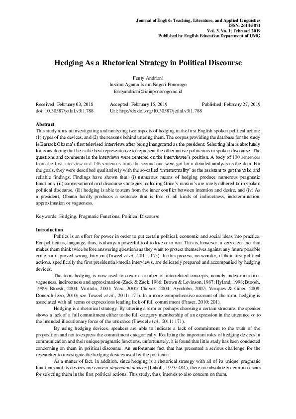 (PDF) Hedging As a Rhetorical Strategy in Political Discourse