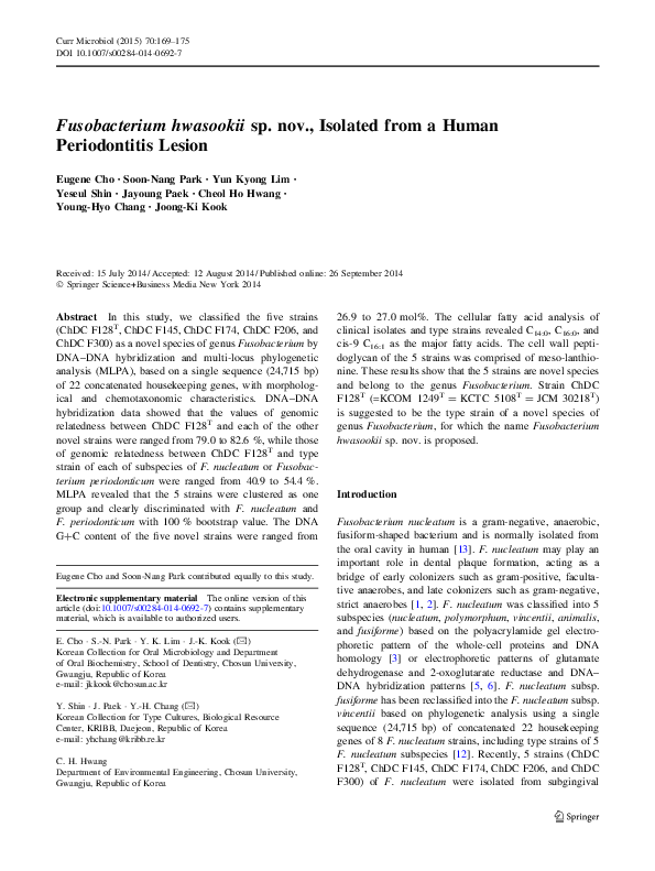 (PDF) Fusobacterium hwasookii sp. nov., Isolated from a Human ...