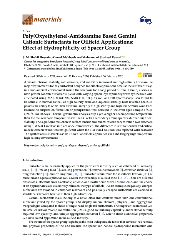 Pdf Poly Oxyethylene Amidoamine Based Gemini Cationic Surfactants For Oilfield Applications