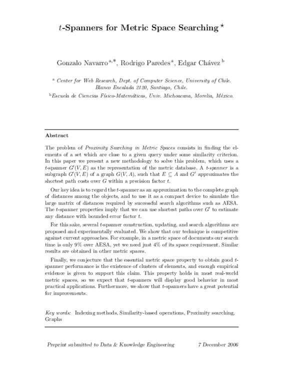(PDF) t-Spanners for metric space searching