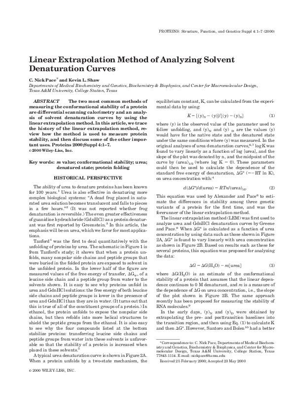 Pdf Linear Extrapolation Method Of Analyzing Solvent Denaturation Curves Nick Pace
