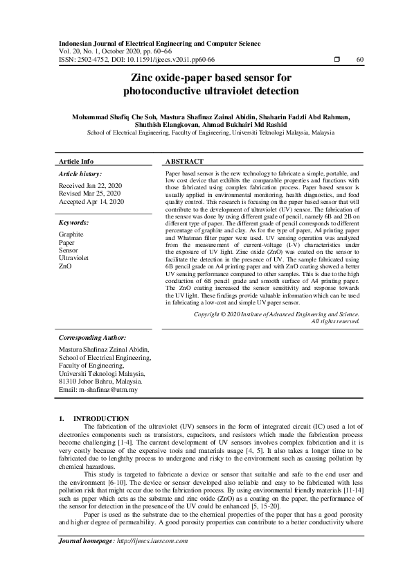 (PDF) Zinc oxide-paper based sensor for photoconductive ultraviolet ...