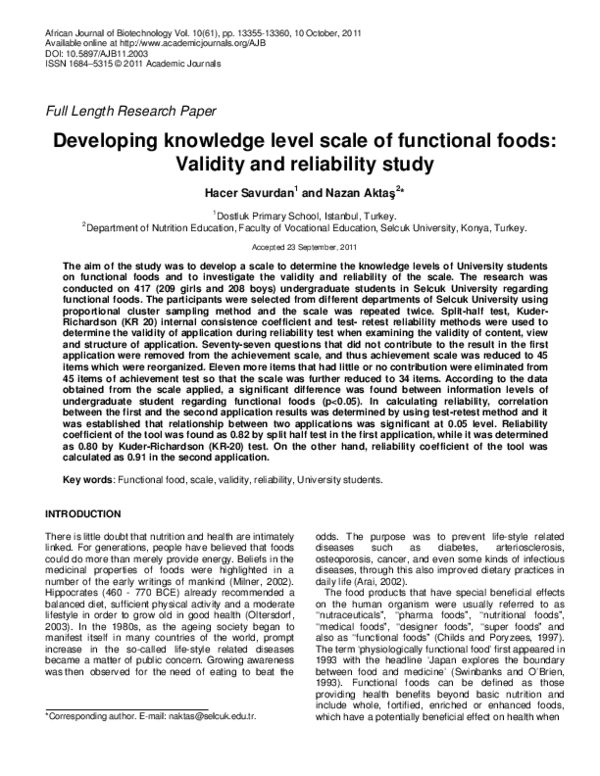 (PDF) Developing knowledge level scale of functional foods: Validity ...