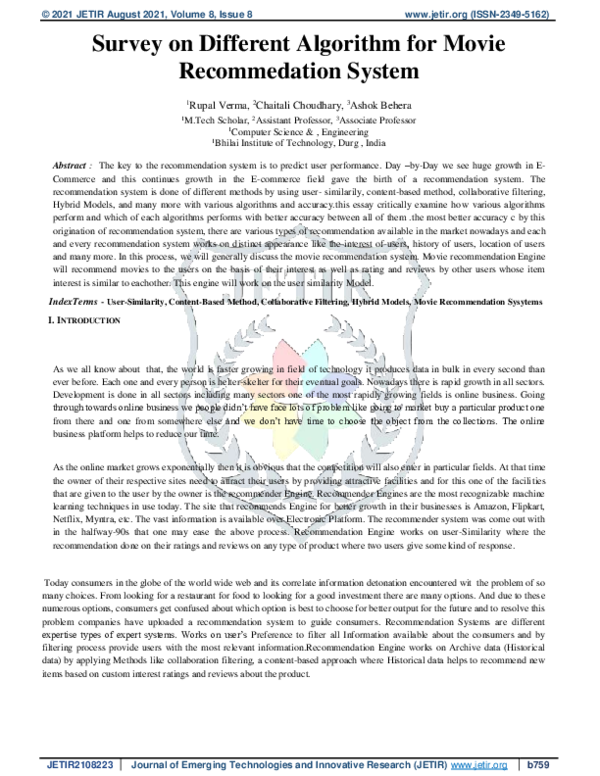 (PDF) Survey on Different Algorithm for Movie Recommedation System