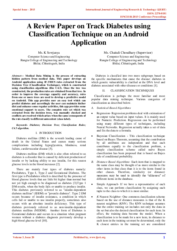 Pdf A Review Paper On Track Diabetes Using Classification Technique On An Android Application