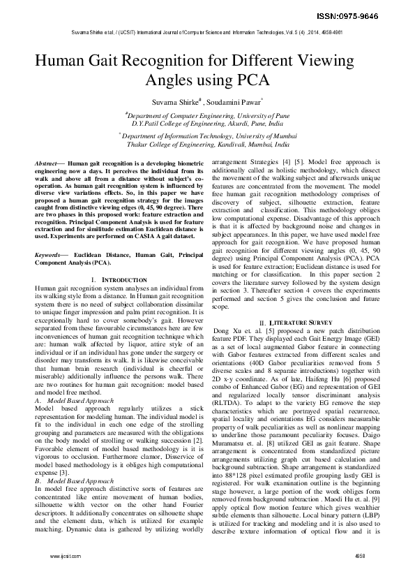(PDF) Human Gait Recognition for Different Viewing Angles using PCA