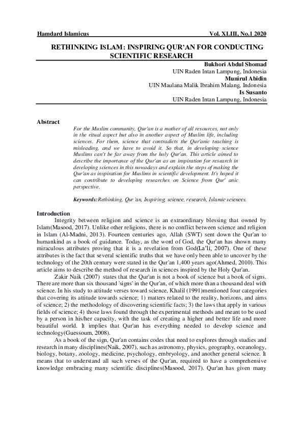 (PDF) Rethinking Islam: Inspiring Quran for conducting scientific research