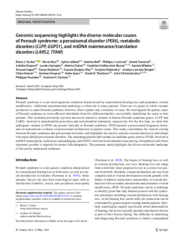 (PDF) Genomic sequencing highlights the diverse molecular causes of Perrault syndrome: a ...