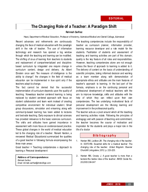 (PDF) The changing Role of a Teacher: A Paradigm Shift