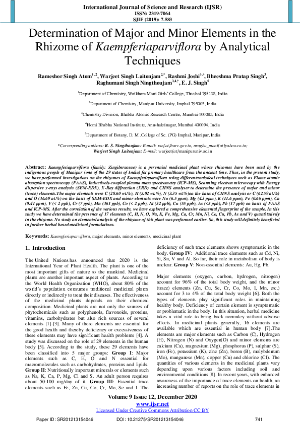 Determination of Major and Minor Elements in the Rhizome of Kaempferiaparviflora by Analytical ...