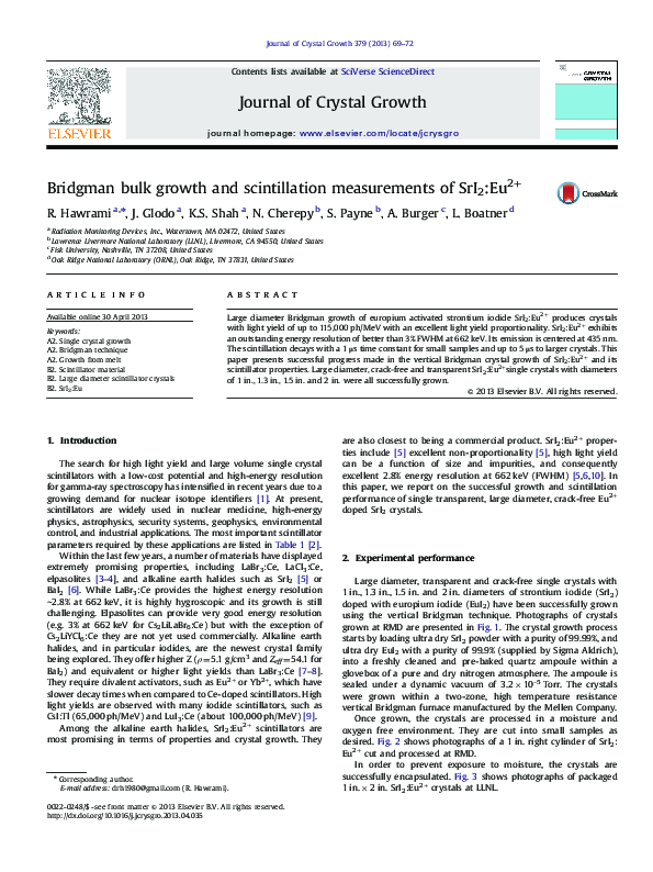 (PDF) Bridgman bulk growth and scintillation measurements of SrI2:Eu2+