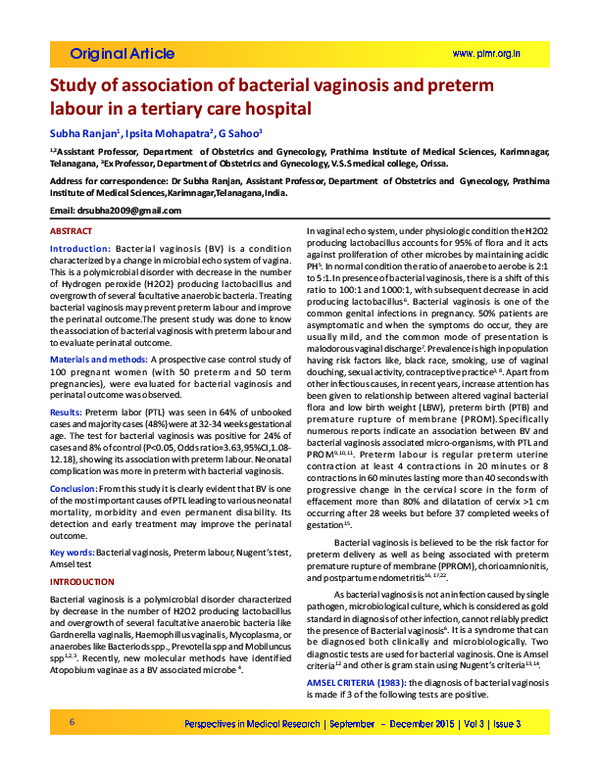 (PDF) Study of association of bacterial vaginosis and preterm labour in a tertiary care hospital