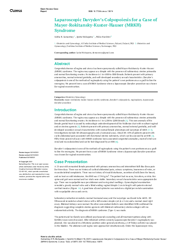 (PDF) Laparoscopic Davydov’s Colpopoiesis for a Case of Mayer ...