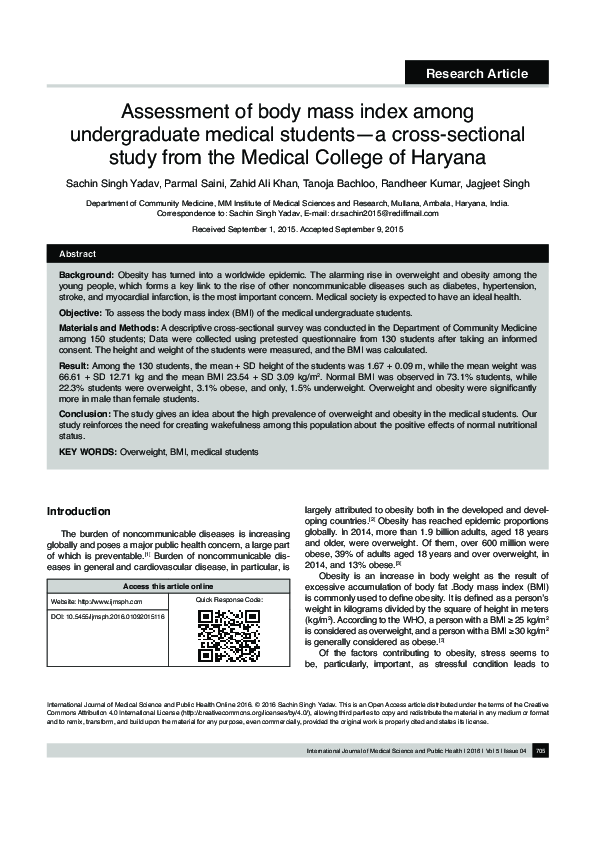 (PDF) Assessment of body mass index among undergraduate medical students—a cross-sectional study ...
