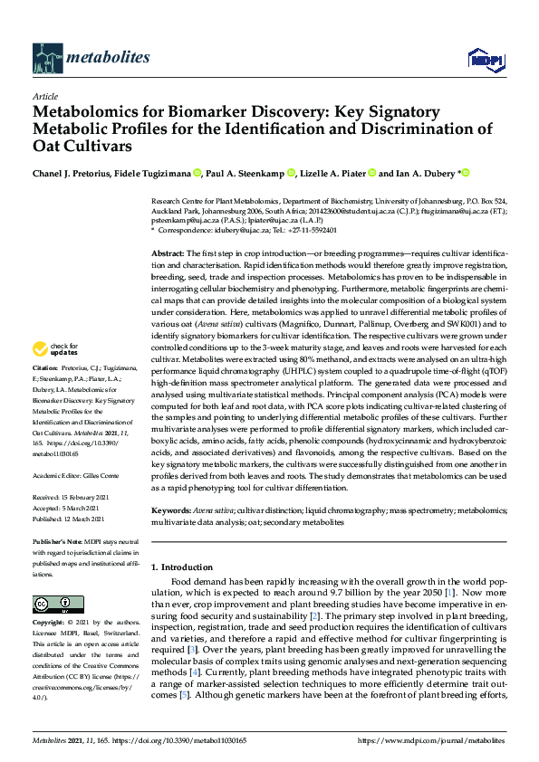 (PDF) Metabolomics for Biomarker Discovery: Key Signatory Metabolic Profiles for the ...