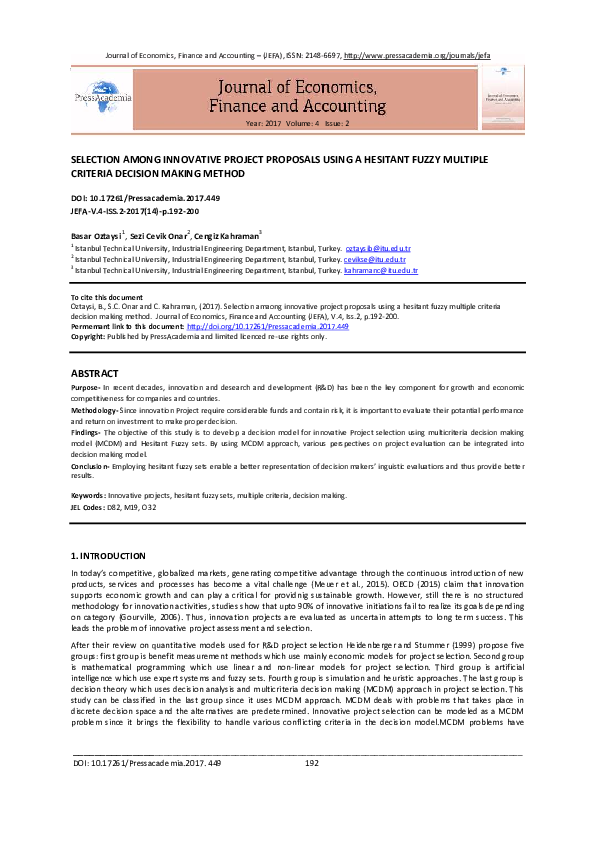 (PDF) Selection among innovative project proposals using a hesitant fuzzy multiple criteria ...