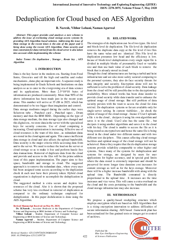 (PDF) Deduplication for Cloud based on AES Algorithm