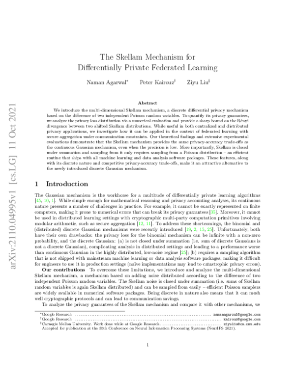 (PDF) The Skellam Mechanism for Differentially Private Federated Learning